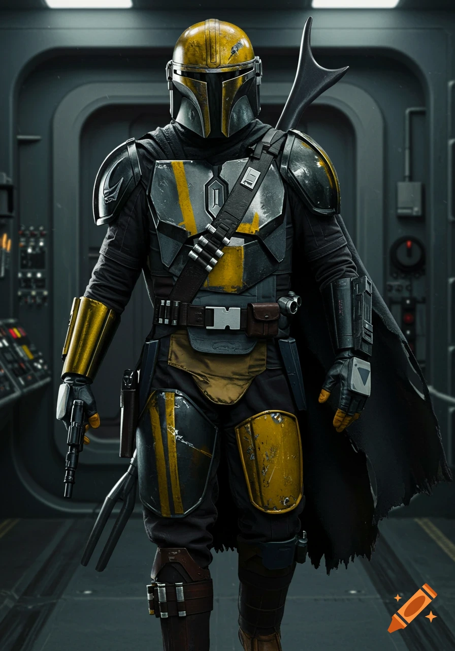 Photorealistic image of a warrior in black and yellow battle armor ...