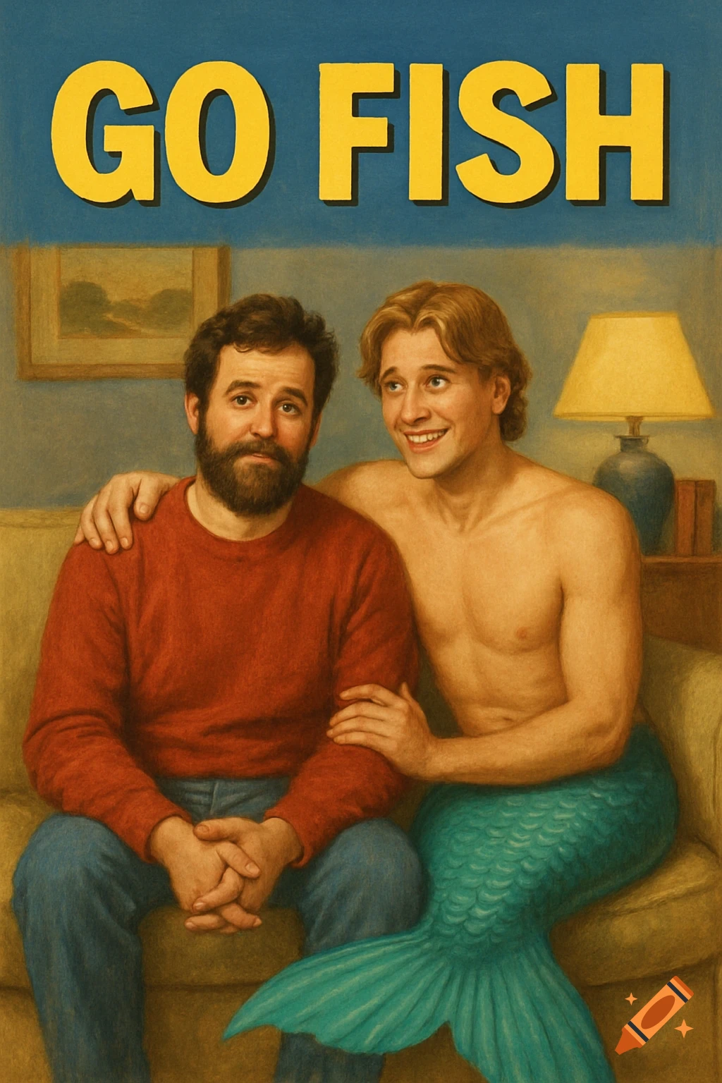 A man and a merman sit together on a couch under the title GO FISH in a ...