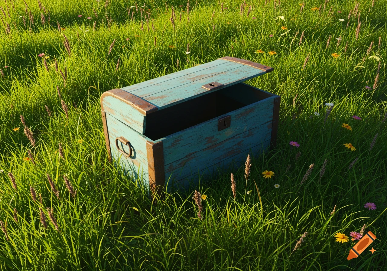 Empty blue toy chest in a sunny green field with small flowers on Craiyon