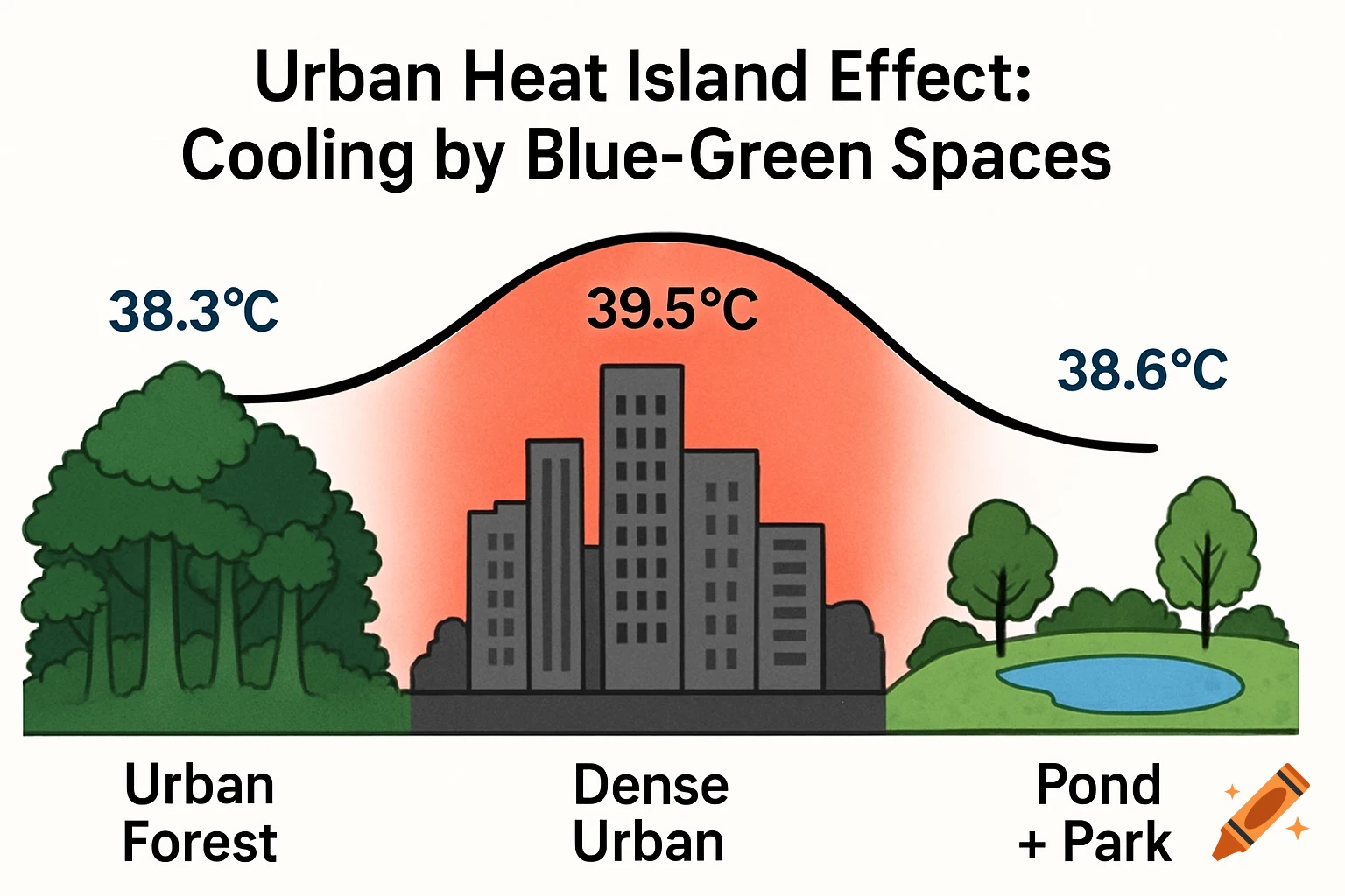 A diagram illustrating the Urban Heat Island effect, showing temperatures in urban forest, dense ...
