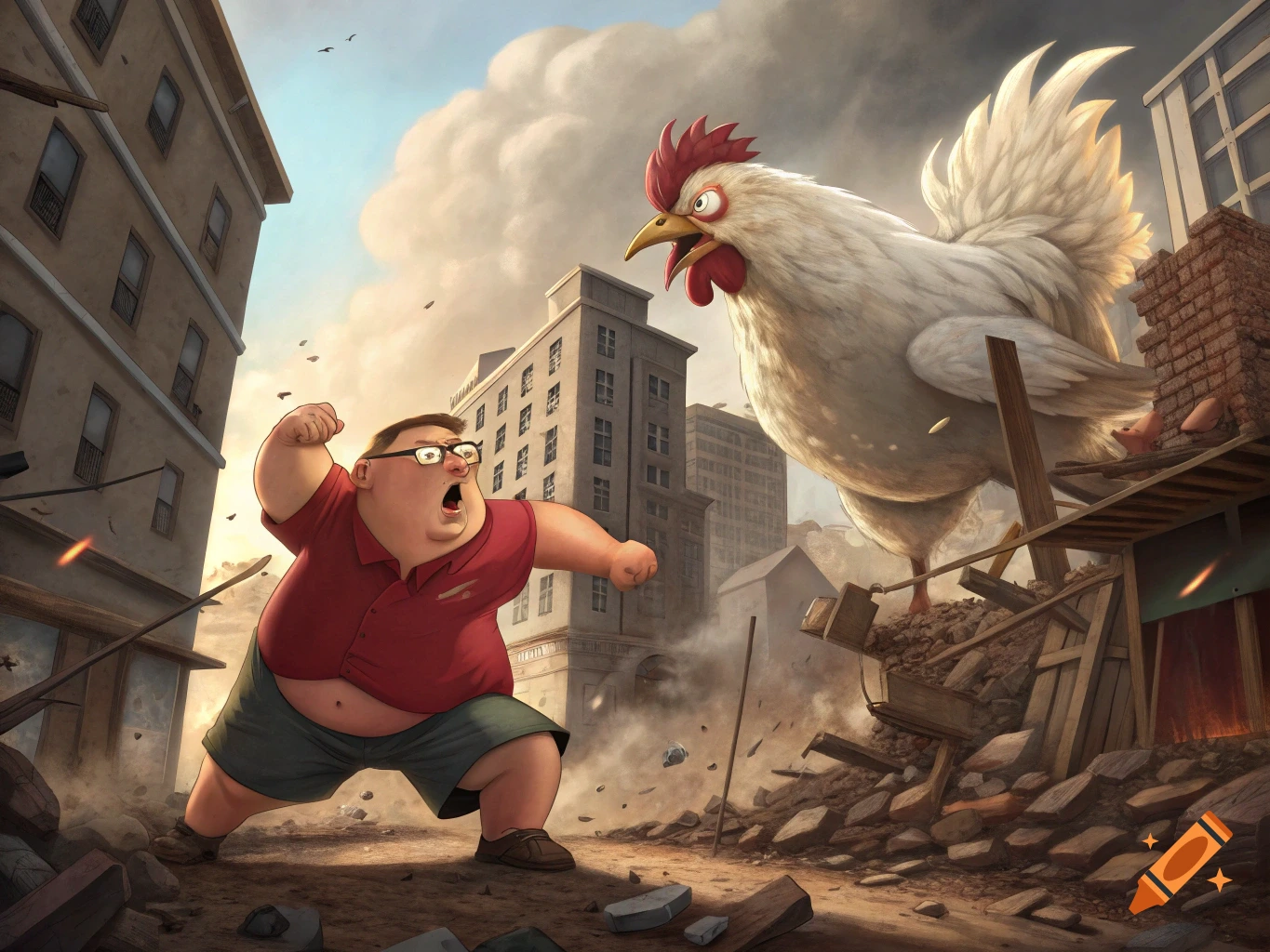 Cartoon style illustration of a man resembling Peter Griffin fighting a ...