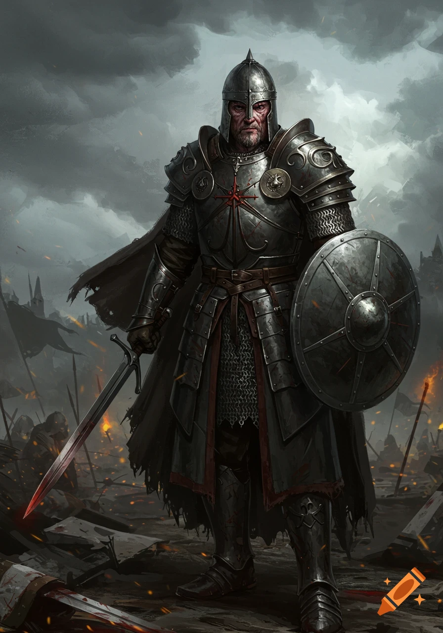 A heavily armored soldier stands on a battlefield, holding a sword and ...