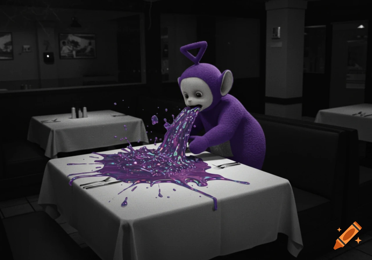 Tinky Winky Teletubby vomiting purple liquid onto a table in a black ...