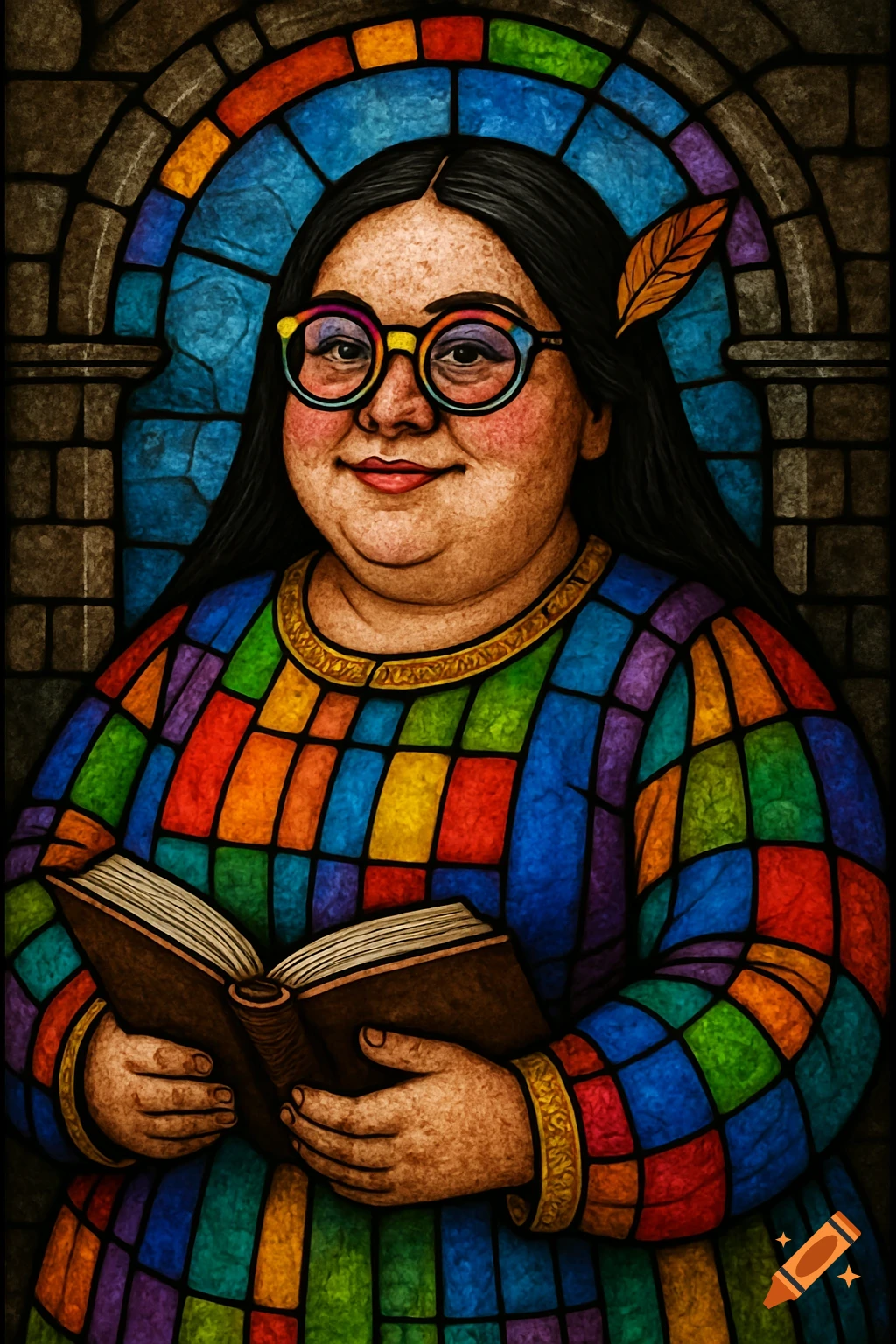 A stained glass portrait of a person with glasses and colorful clothes ...
