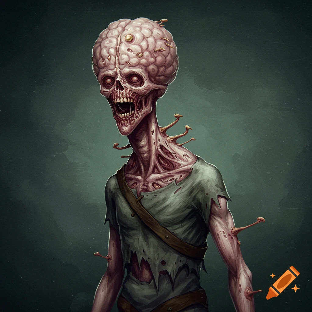 Stylized portrait of a zombie-like creature with an exposed brain and ...