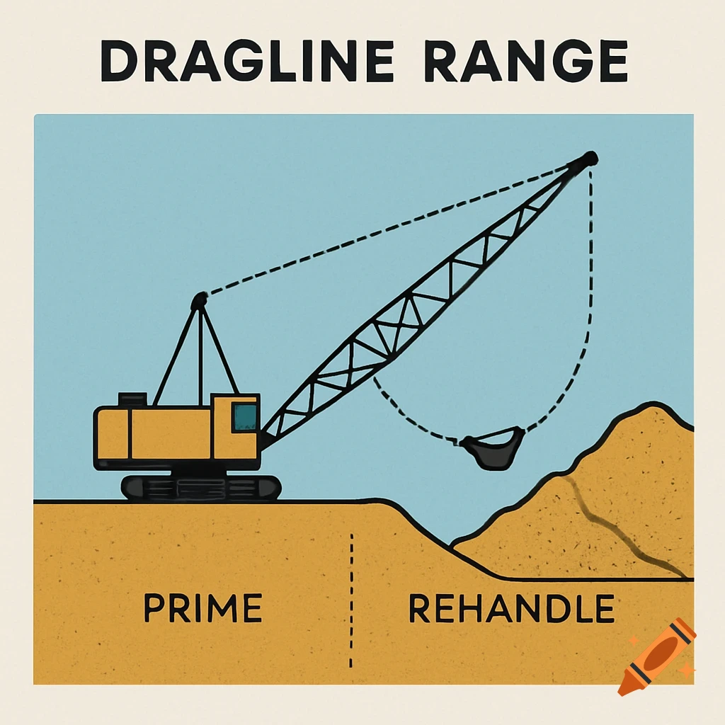 Diagram illustrating the dragline range, showing the prime and rehandle ...