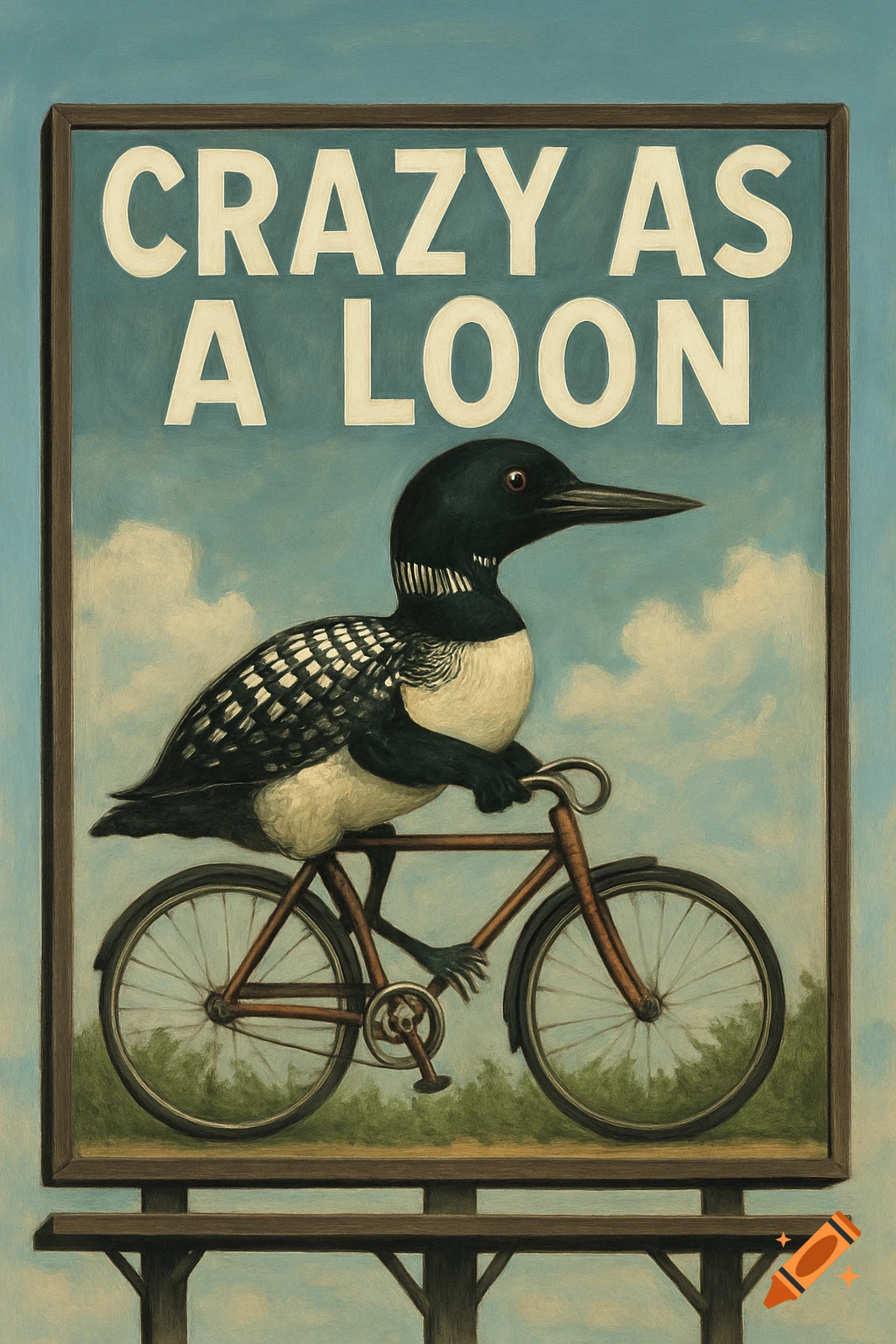Painting of a loon riding a bicycle on a billboard with text 'CRAZY AS ...