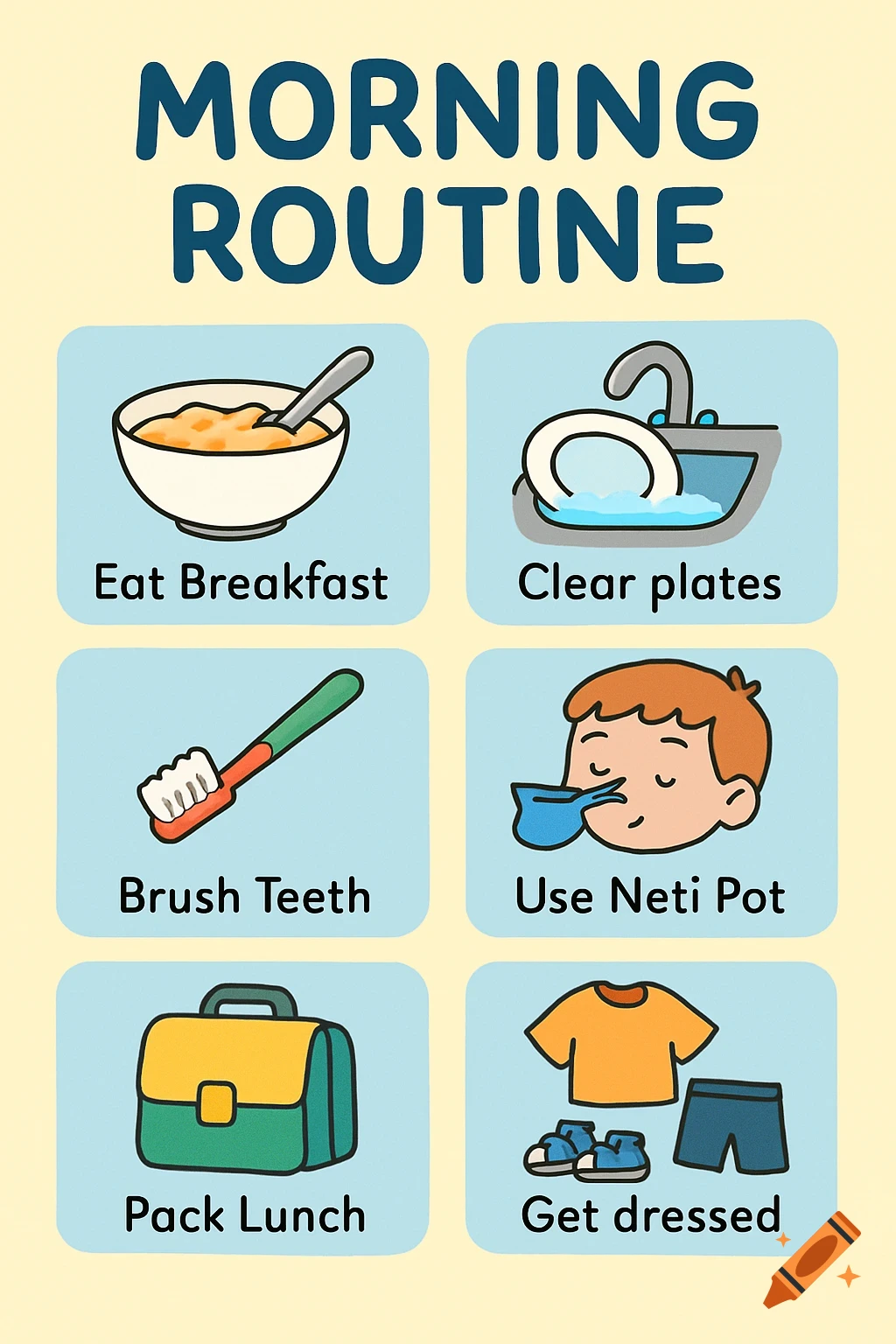 Children's cartoon morning routine chart with icons for steps like ...