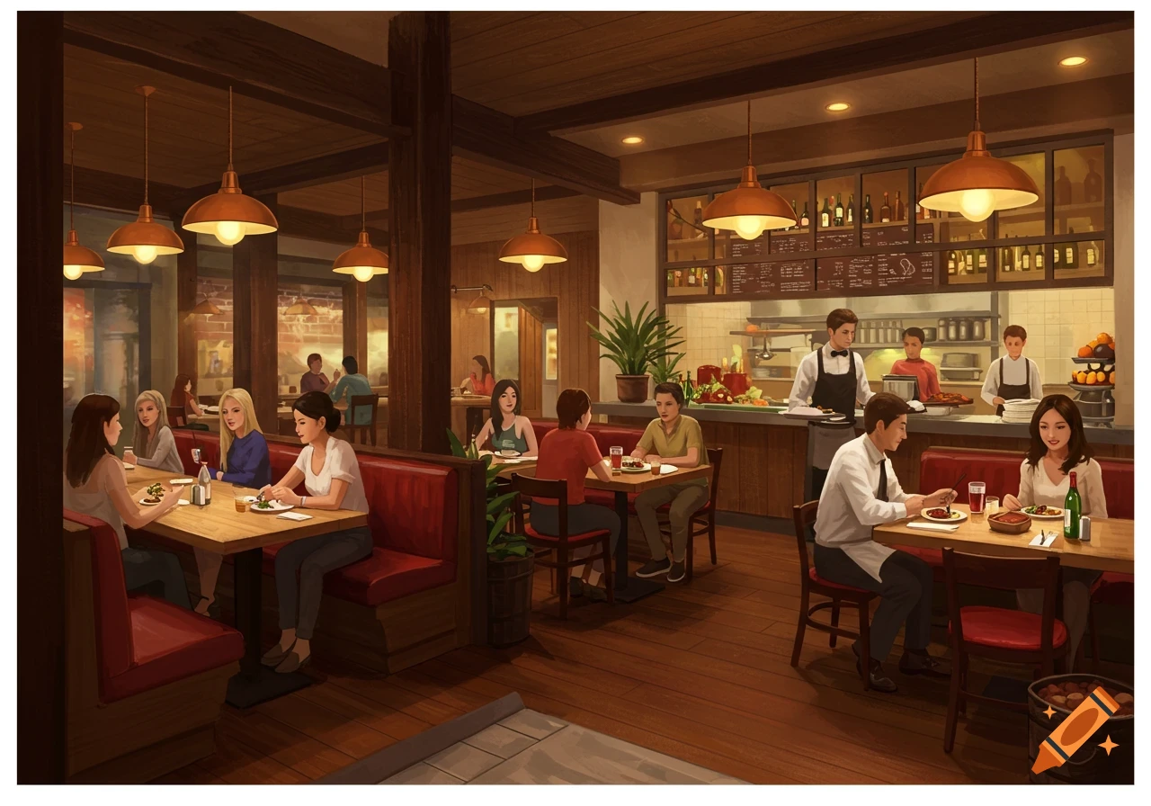 Illustration of people dining and working in a busy restaurant. on Craiyon