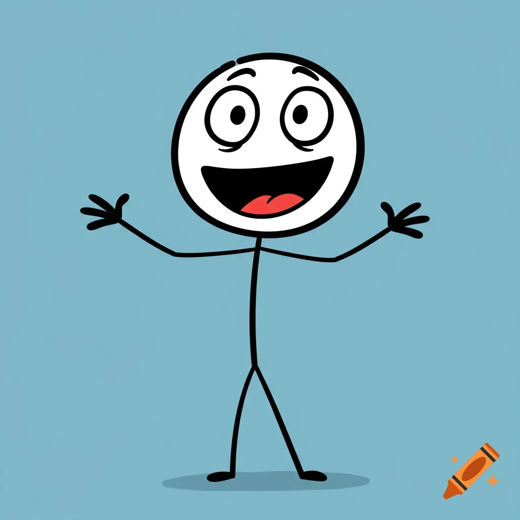 A cartoon stick figure with wide eyes and a wide smile raises its arms ...
