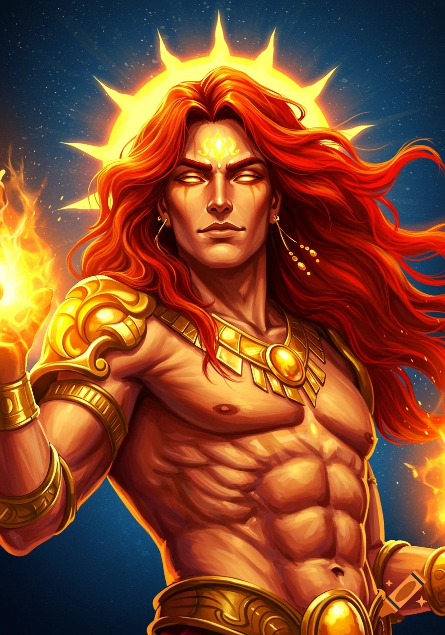 Muscular man with long red hair, golden armor, and sun halo, depicted ...