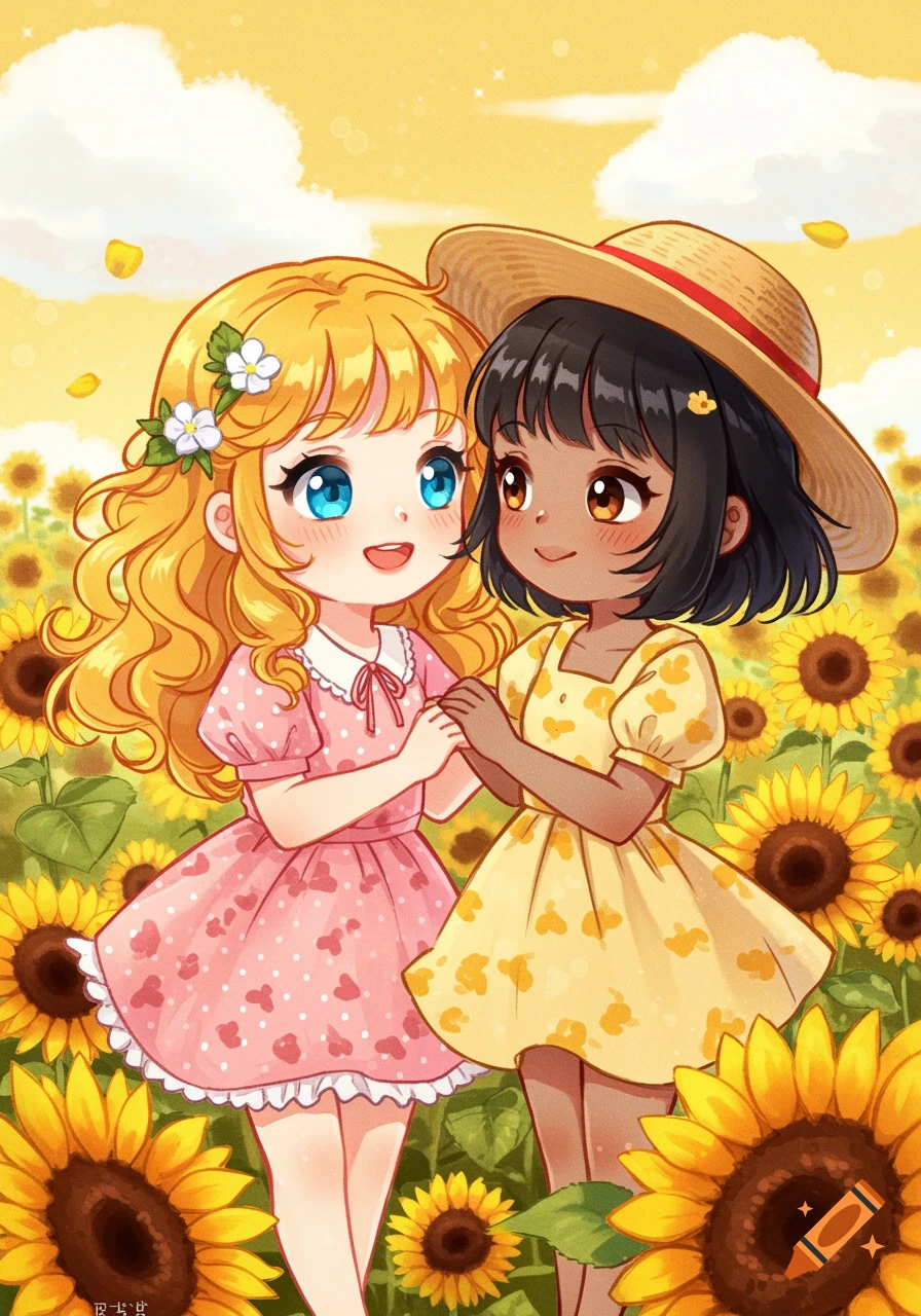 Two cute girls in dresses standing in a sunflower field, anime style ...