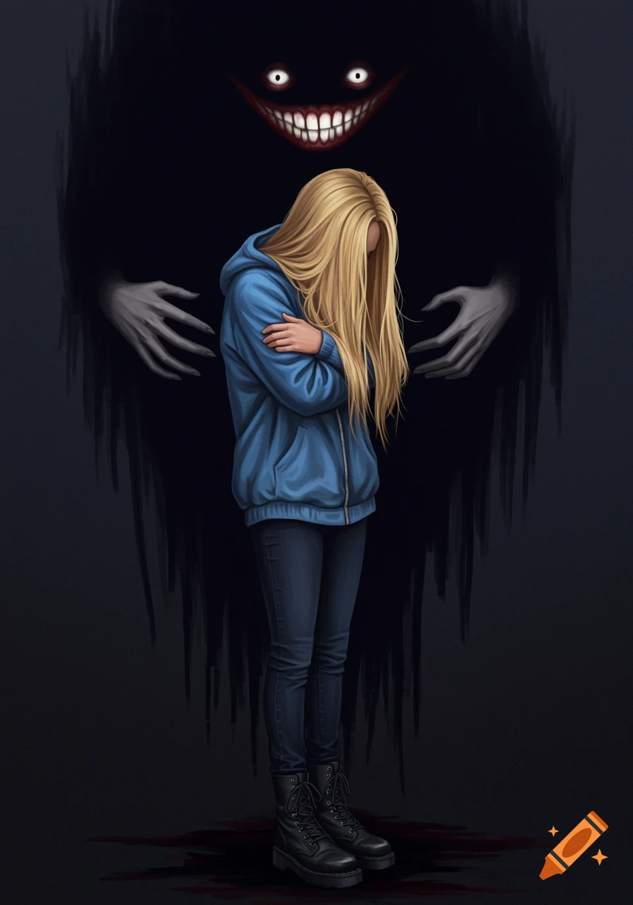 Digital painting of a girl hugging herself while a dark shadow with a ...