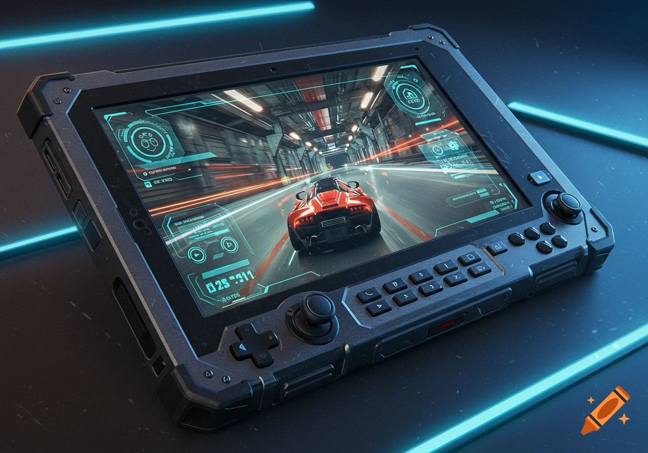 A futuristic rugged tablet displays a racing game with a red sports car ...