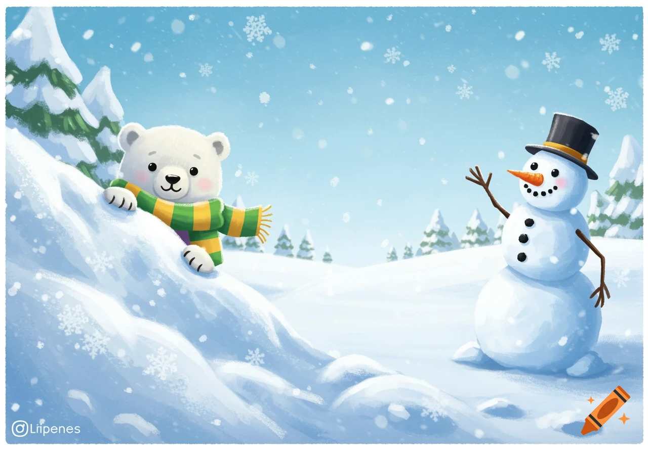 A cute polar bear and snowman wave to each other in a snowy winter ...