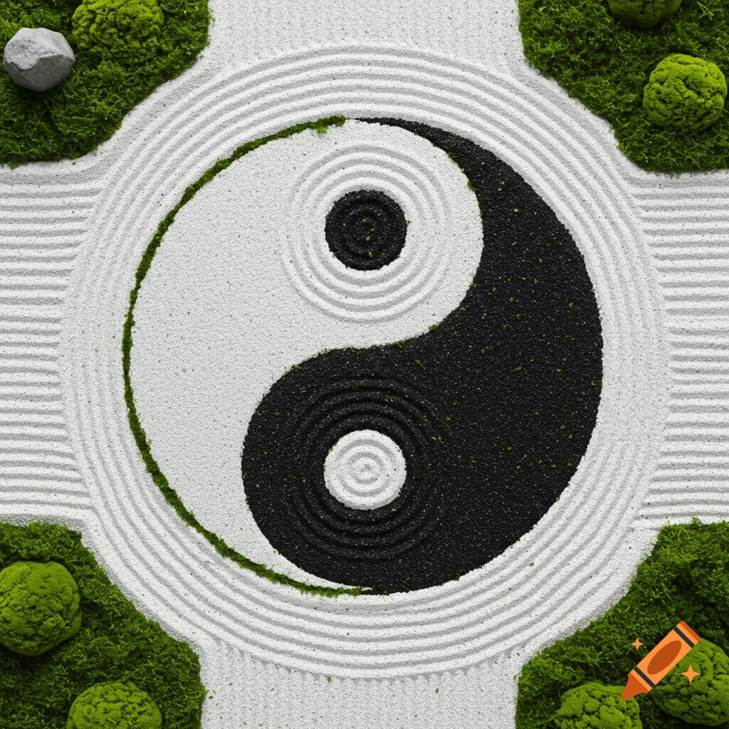 Yin yang symbol in a raked zen garden with moss and stone on Craiyon
