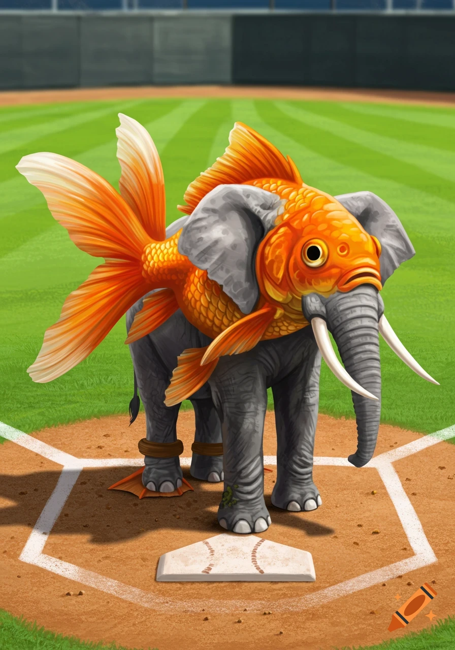 A creature that is half goldfish and half elephant stands on a baseball ...
