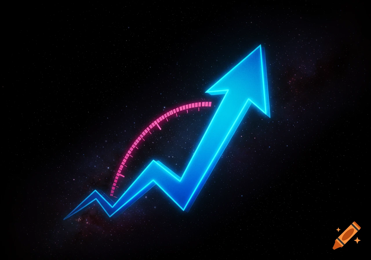 Blue neon upward trend arrow in space with pink metric arc on Craiyon