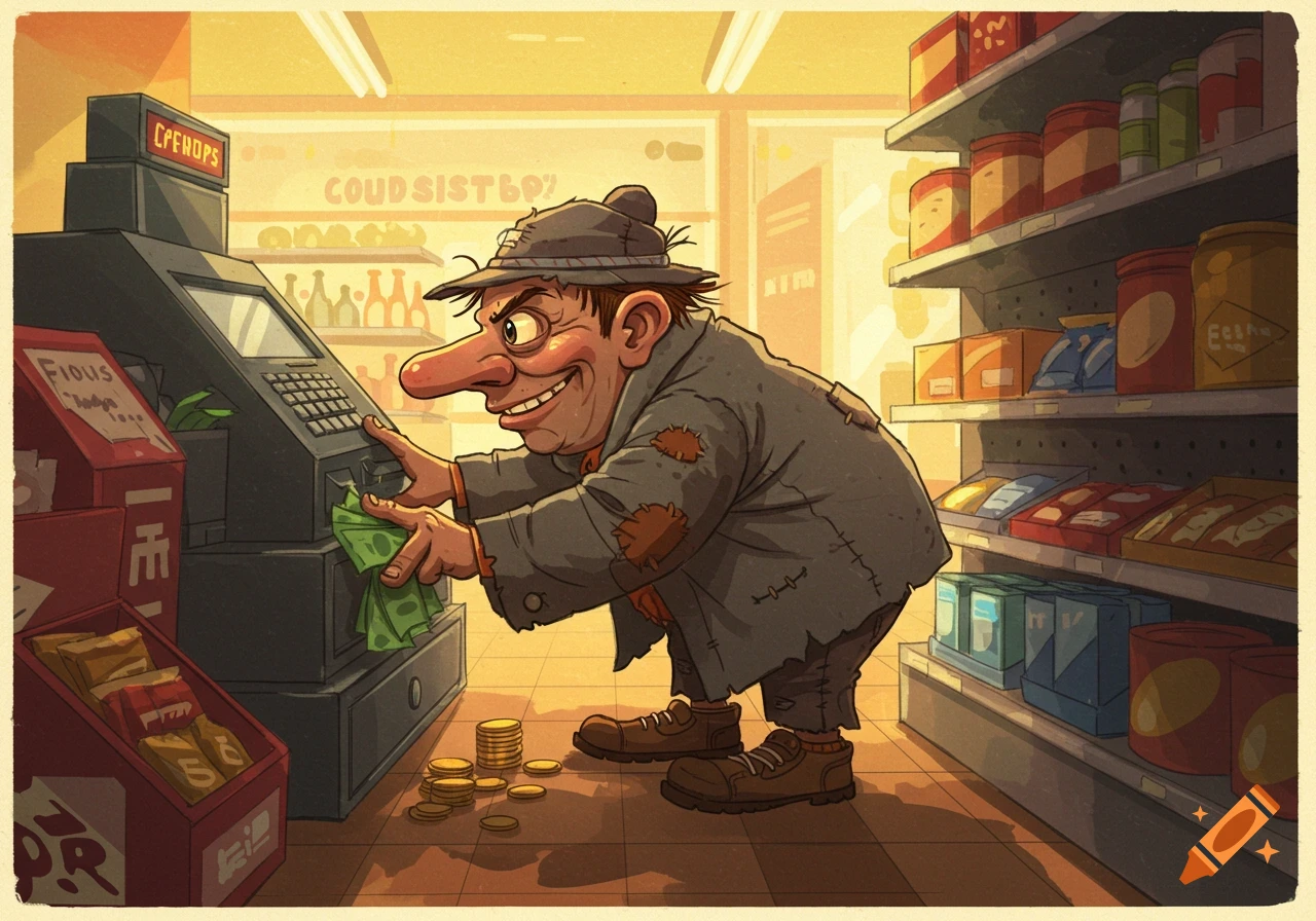 Cartoon illustration of a sneaky man in a hat and patched coat stealing ...