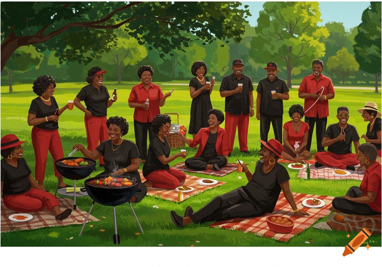 Illustration of Black people having a cookout picnic in a park. on Craiyon