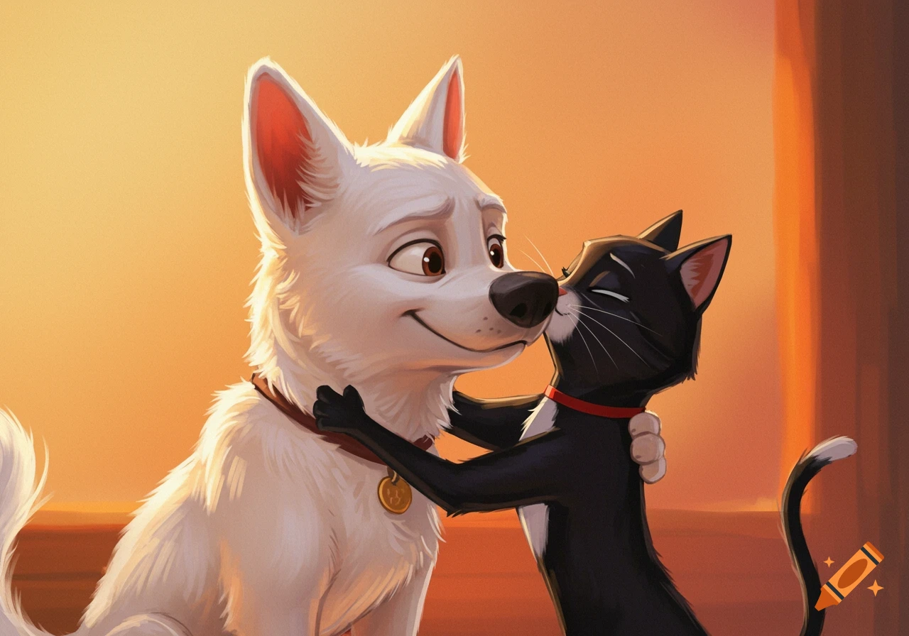 Animated white dog Bolt and black cat Mittens from Bolt hugging and ...