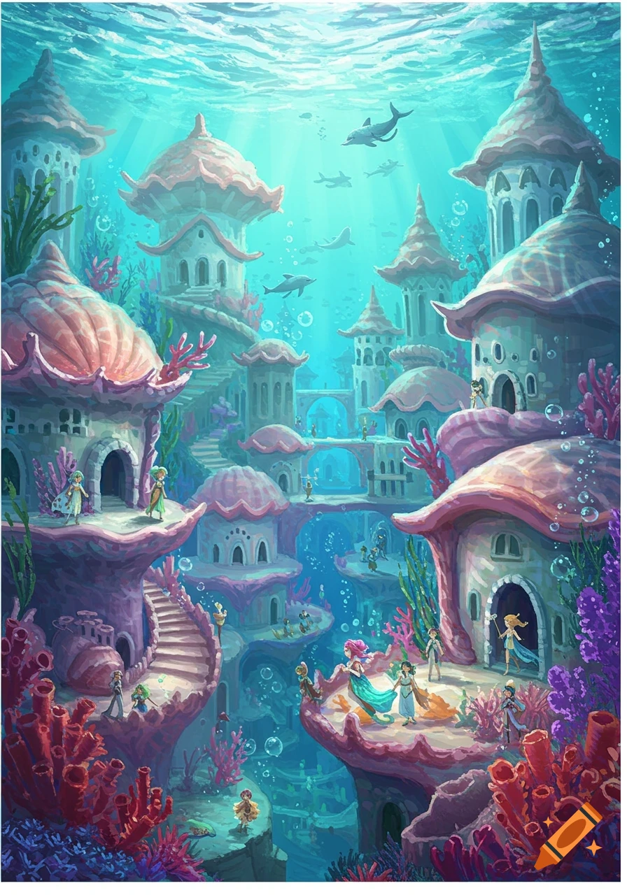 Illustration of a vibrant underwater fantasy city with shell-like ...