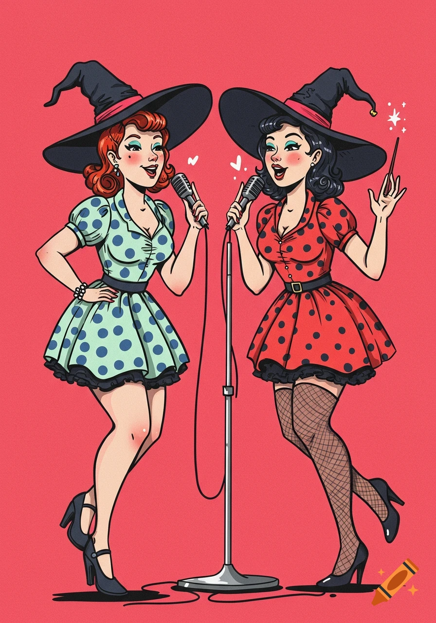 Illustration of two pin-up style witches singing into microphones. on ...