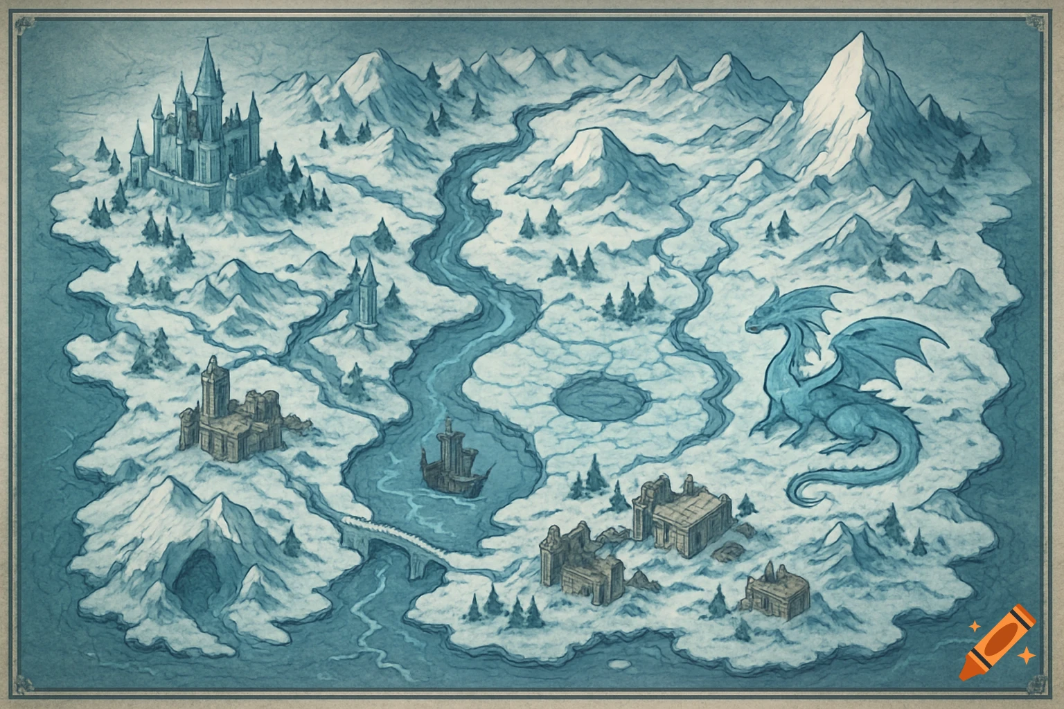 Hand-drawn fantasy map of an icy land with mountains, castles, a river ...