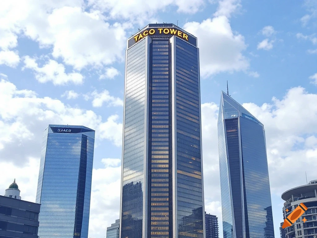 Skyscrapers in a city, with one building labeled Taco Tower under a ...