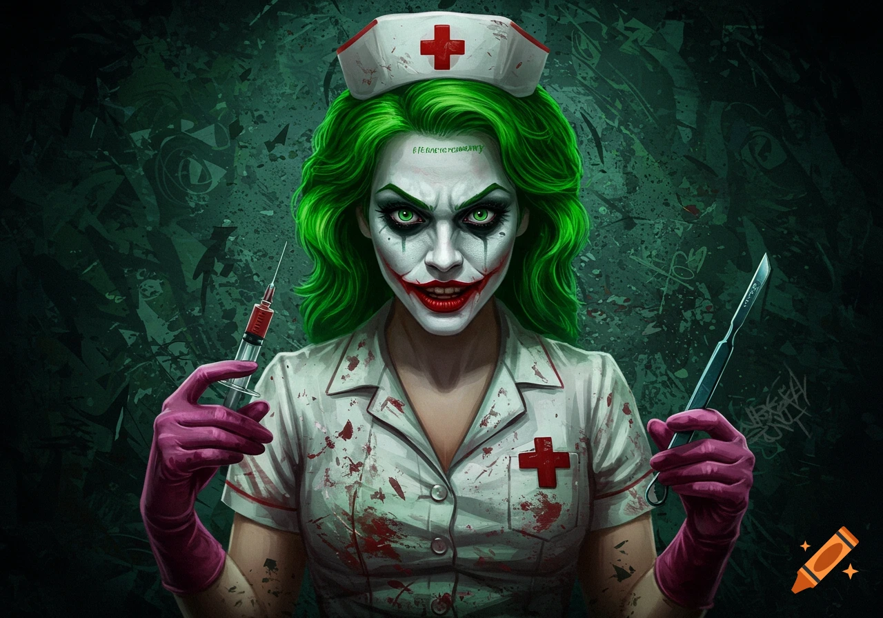 Woman with Joker makeup and green hair wearing a bloody nurse uniform ...