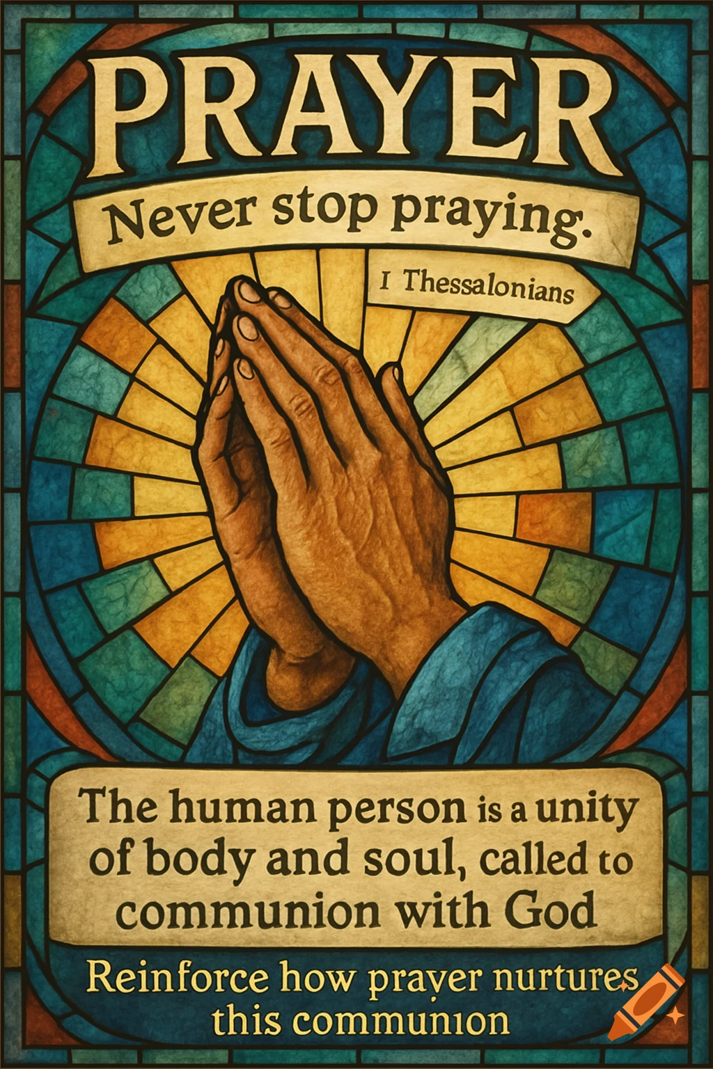 Stained glass image of praying hands with text 'PRAYER', 'Never stop ...