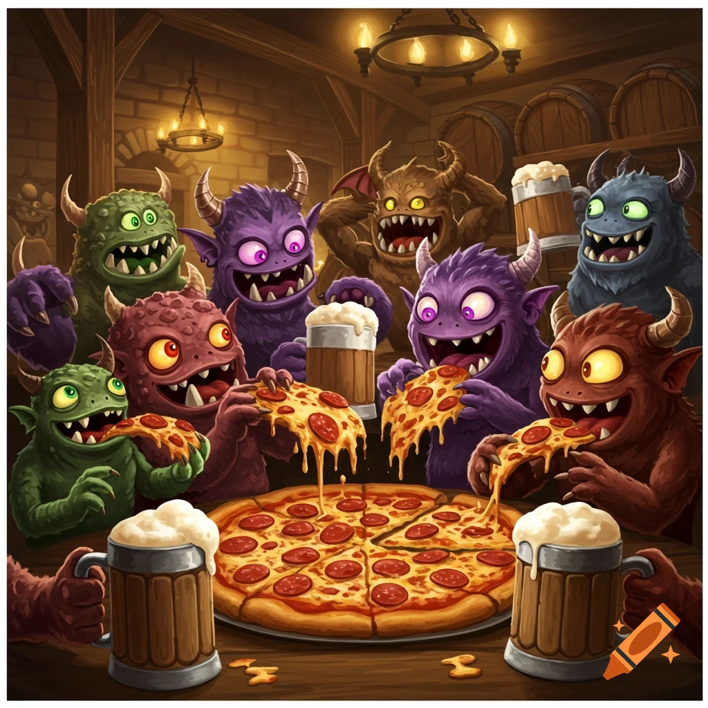 Cartoon monsters eating pizza and drinking beer in a lively tavern. on Craiyon