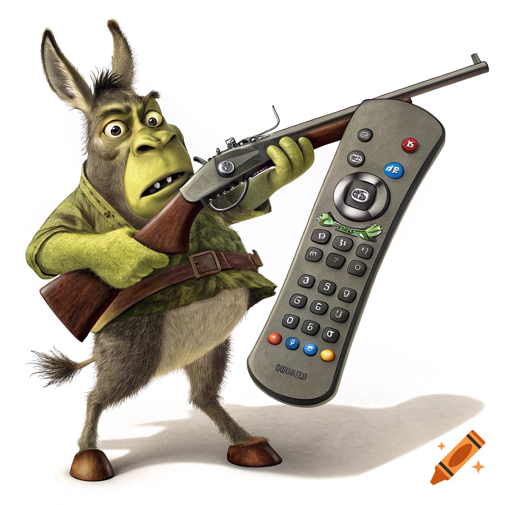 Cartoony Shrek-like donkey character holding a shotgun and a large TV ...