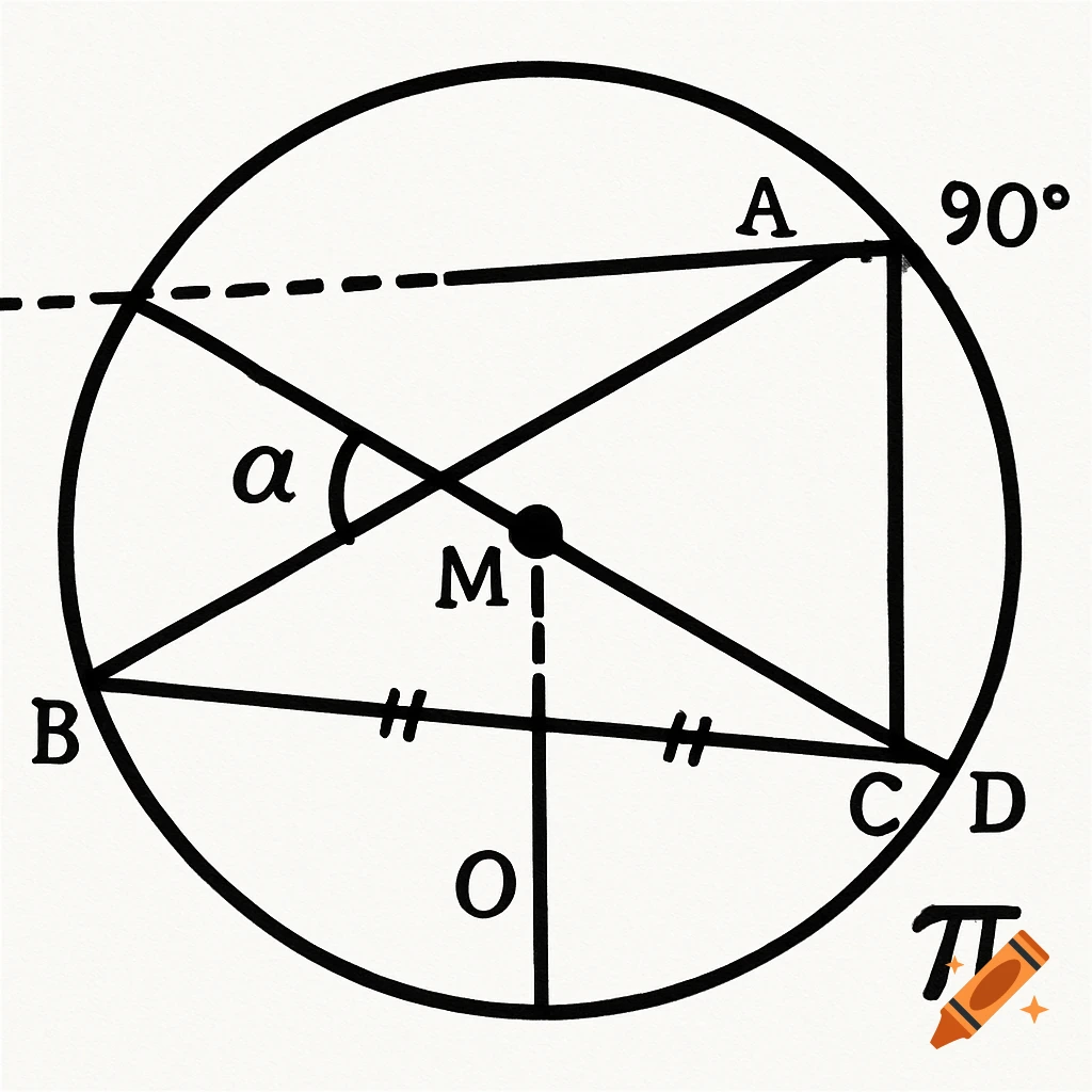 Black and white geometry diagram showing a circle with lines, points ...