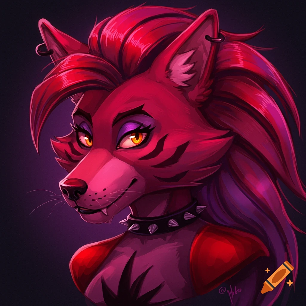 Close-up portrait of a red furry character with striking purple makeup ...