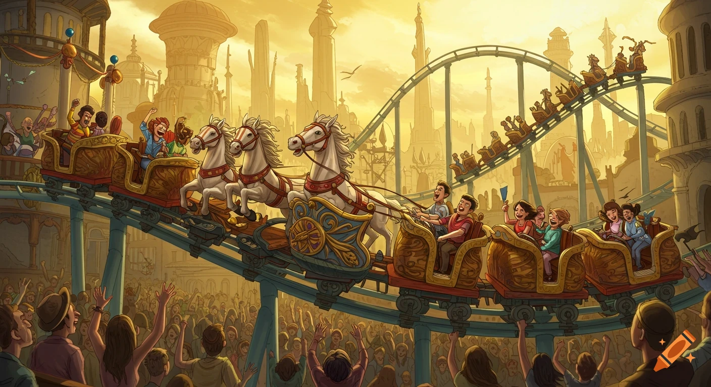 People ride a chariot-themed roller coaster with fake horses through a ...