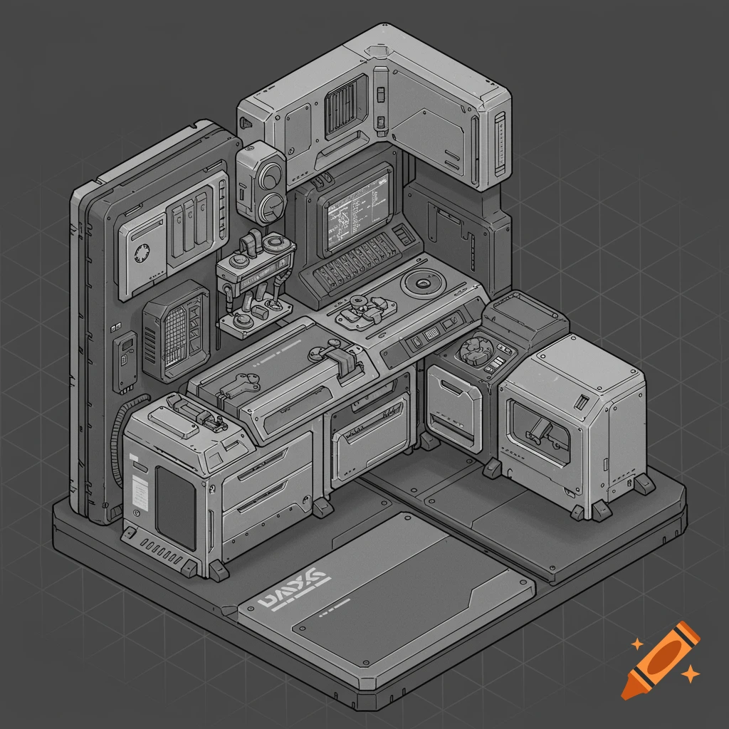 Isometric greyscale illustration of a sci-fi crafting station. on Craiyon
