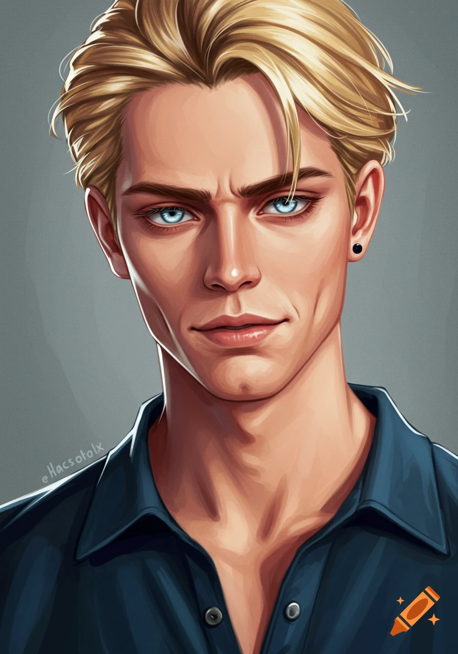 Illustration of a blond man with blue eyes and a sharp jawline on Craiyon