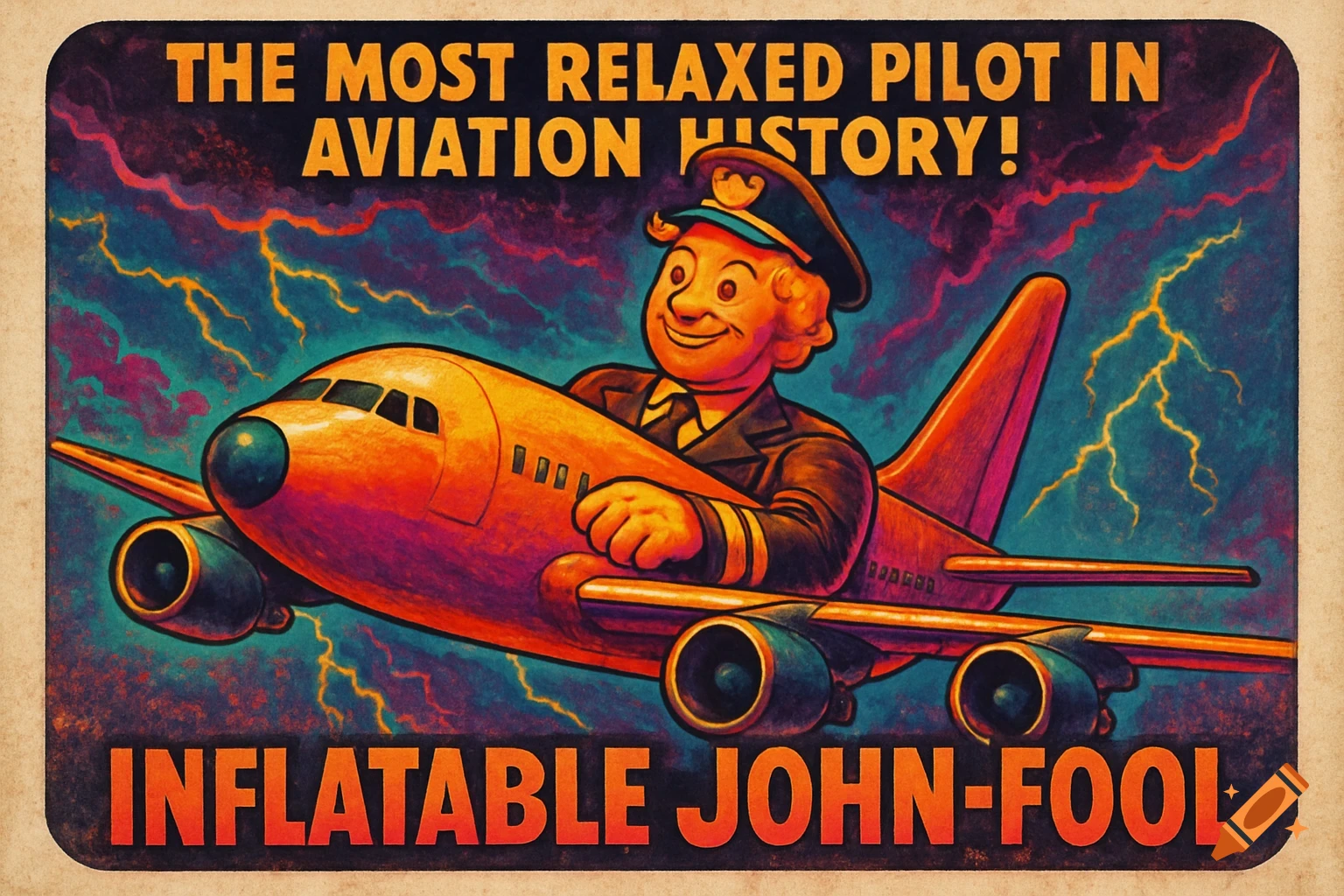 Retro B-movie poster style illustration of a cartoon pilot riding on a ...