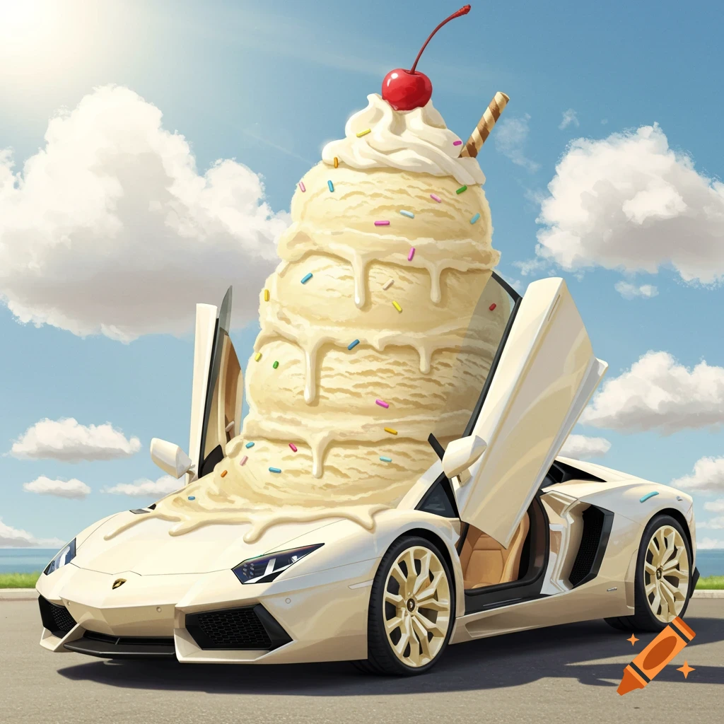 A surreal digital illustration of a white sports car with a giant scoop ...