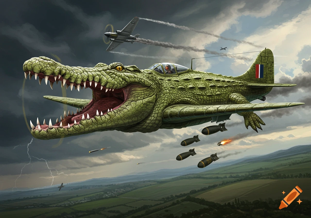 A large crocodile-shaped plane drops bombs while flying through a ...