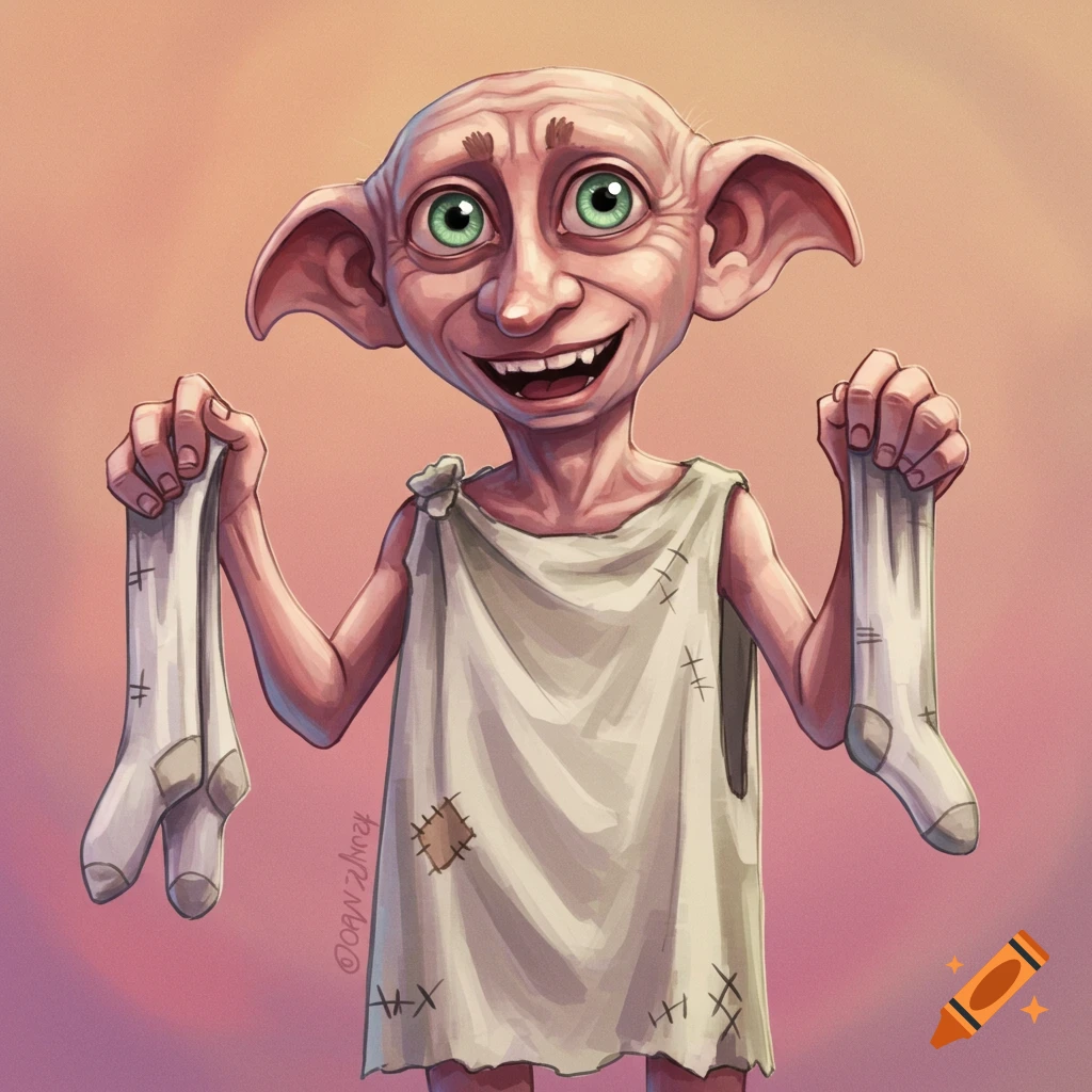 Illustration of Dobby from Harry Potter holding two white socks. on Craiyon