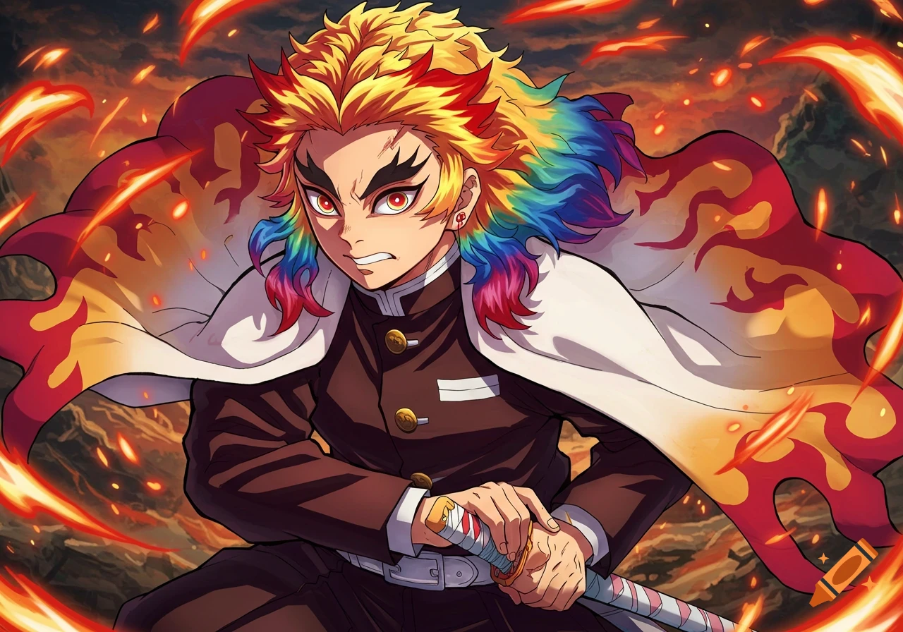 Anime character Rengoku with rainbow hair and fiery cape, holding a ...