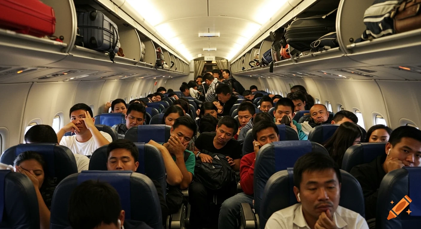 A view down the aisle of a crowded airplane cabin filled with ...