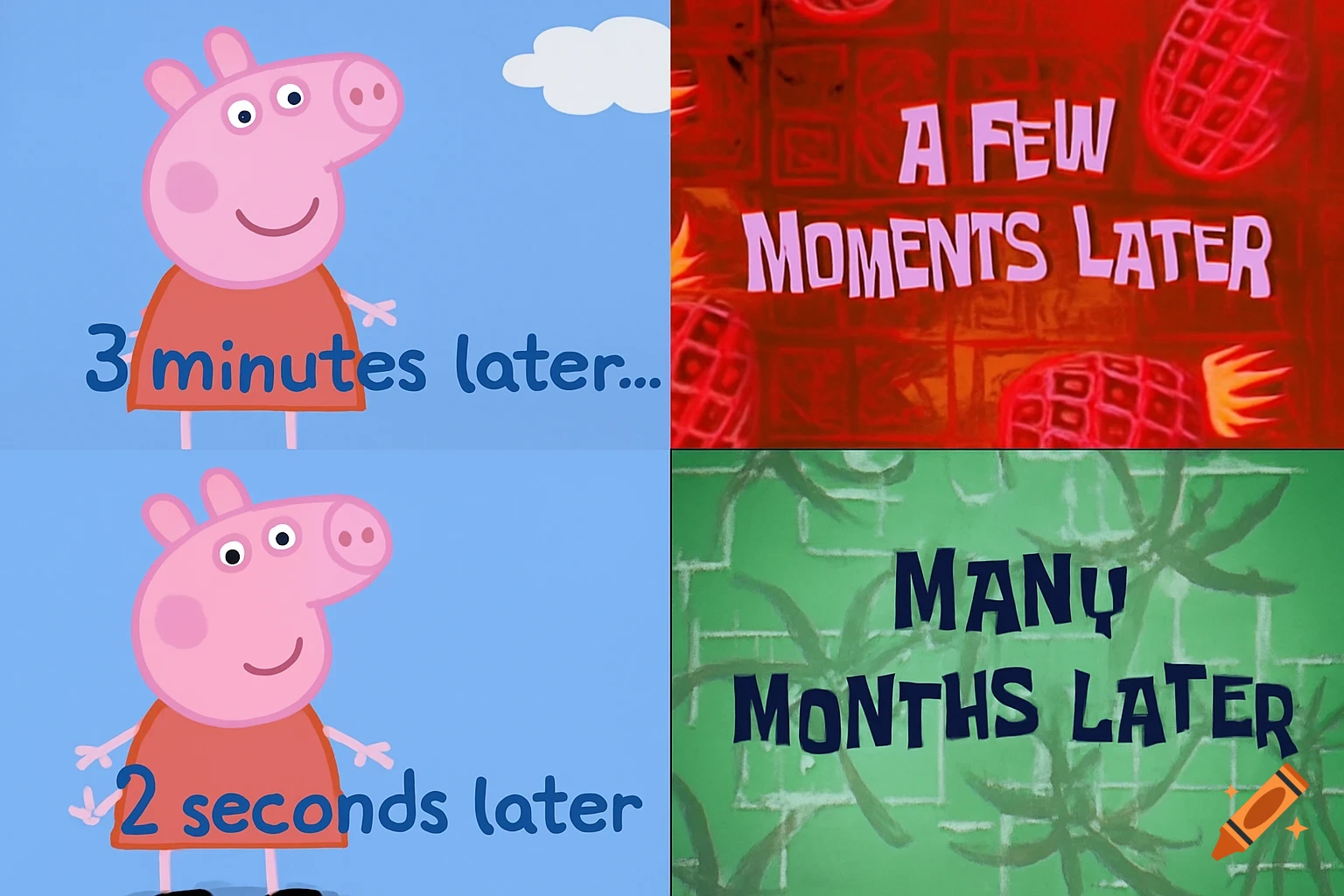 A four-panel meme. Top left: Peppa Pig with text '3 minutes later ...