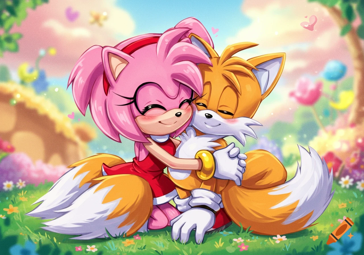 Amy Rose and Tails the Fox hugging in a field, cartoon style. on Craiyon