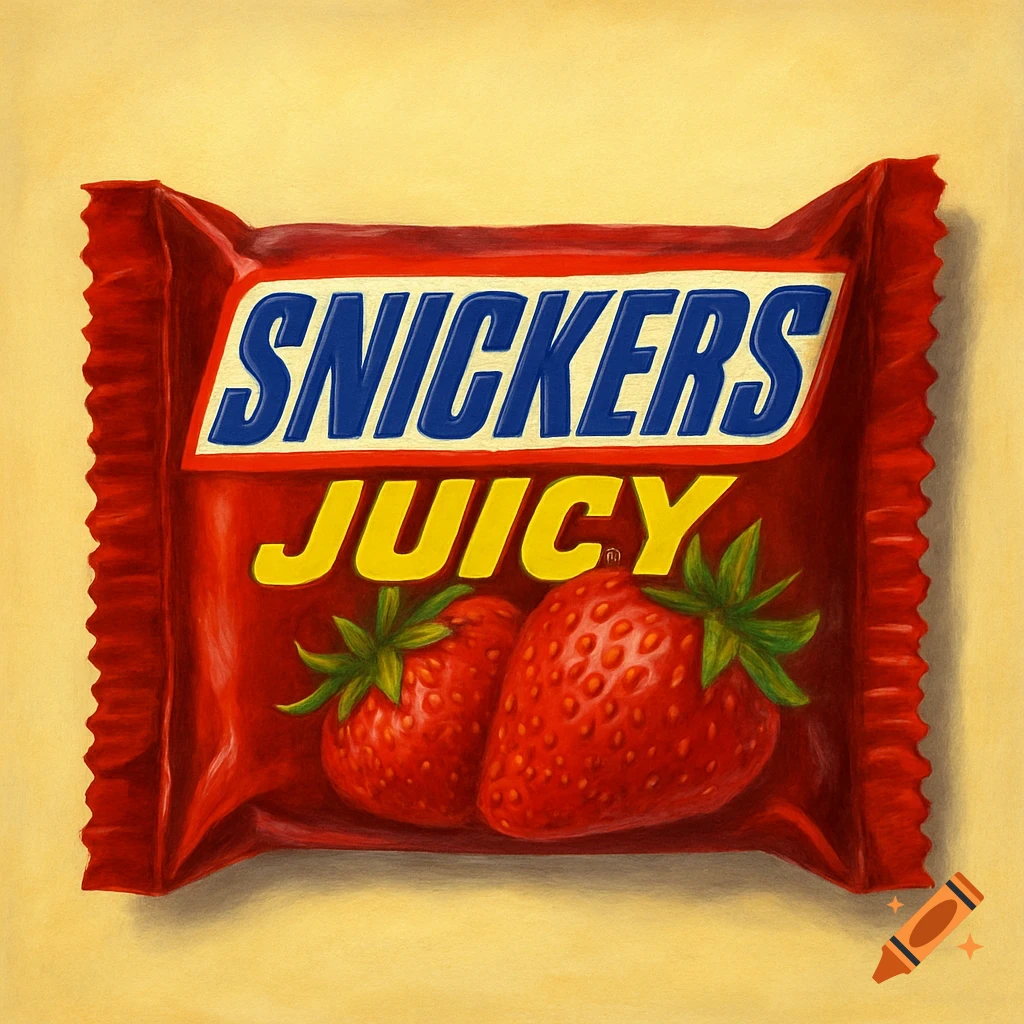 A red Snickers candy bar wrapper labeled 'JUICY' with two strawberries ...