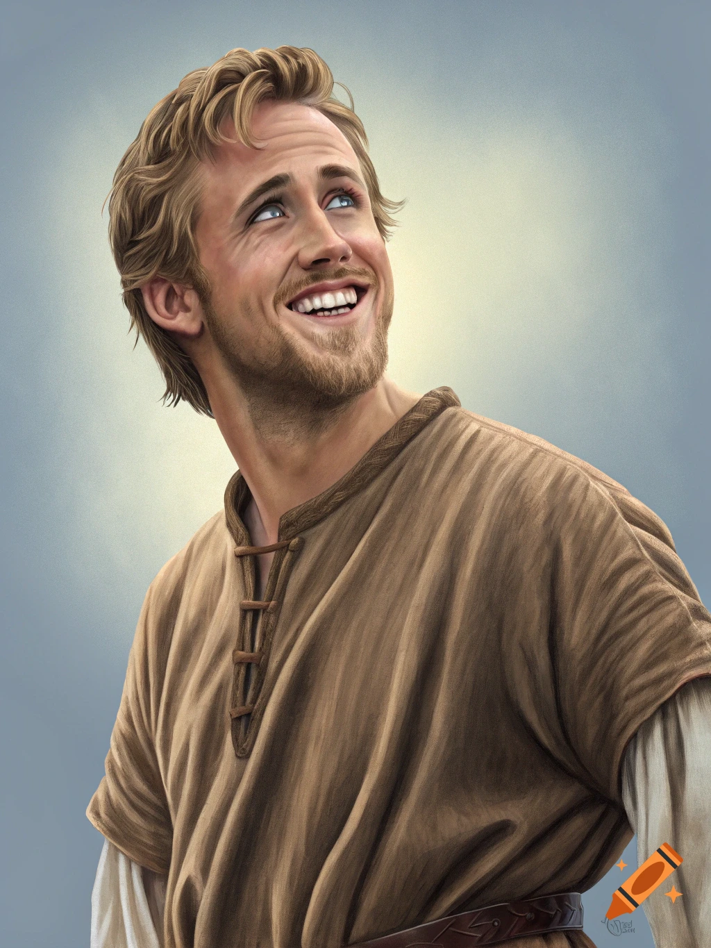 Digital painting of a smiling man resembling Ryan Gosling in a tunic ...