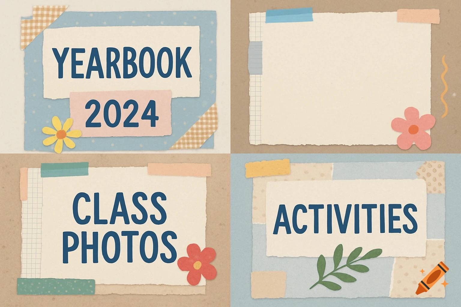 Digital scrapbook layout with four panels titled: Yearbook 2024, Class ...