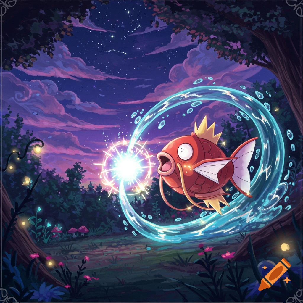 Magikarp jumping in a starry night forest clearing with a magical glow and splash on Craiyon